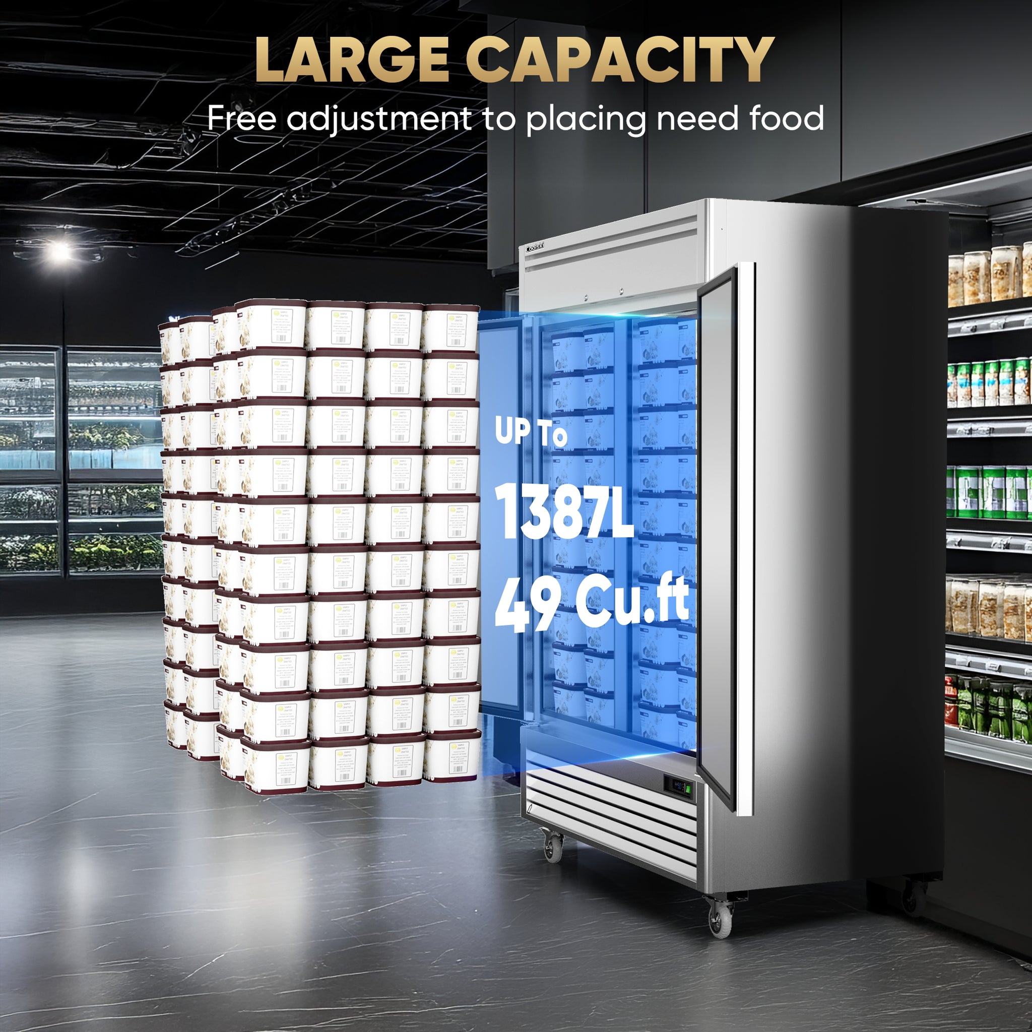 Coolski 54" W Commercial Freezer, 49 Cu.ft Double Solid Door Stainless ...
